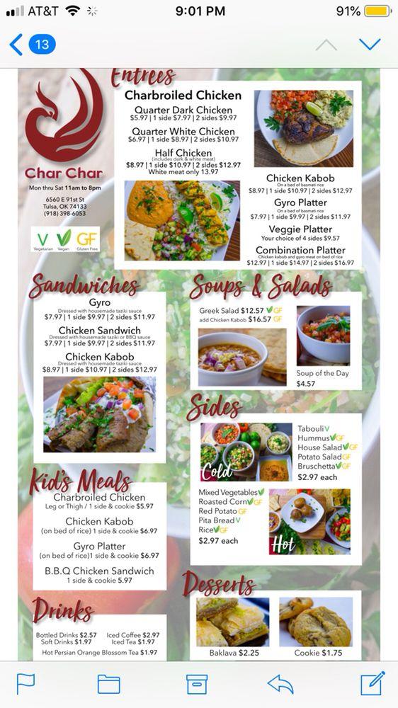 Menu at Char Char restaurant, Tulsa, E 91st St