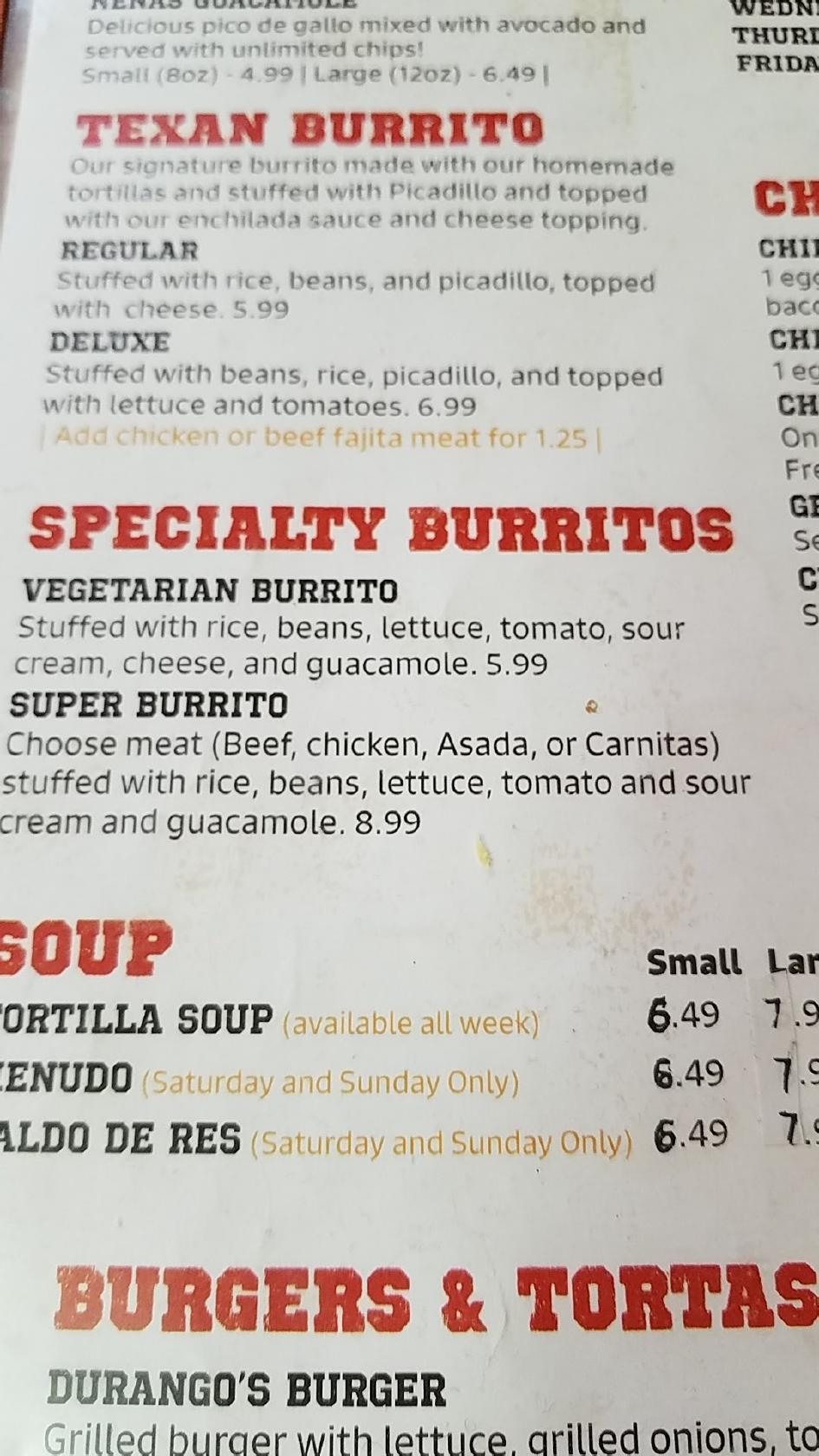 Menu at Durango Restaurant, Wimberley