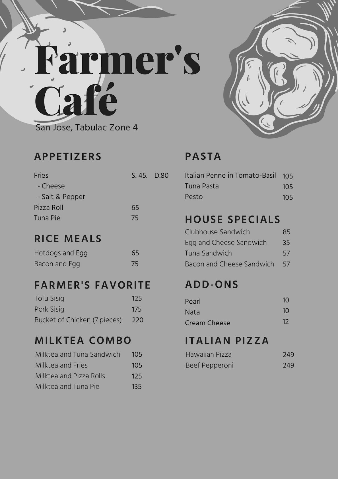 Menu at Farmer's Café / Téabulac cafe, San Jose City