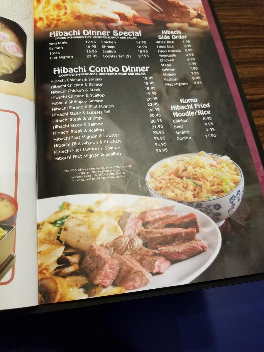 Menu at Kumo Sushi restaurant, Moss Bluff