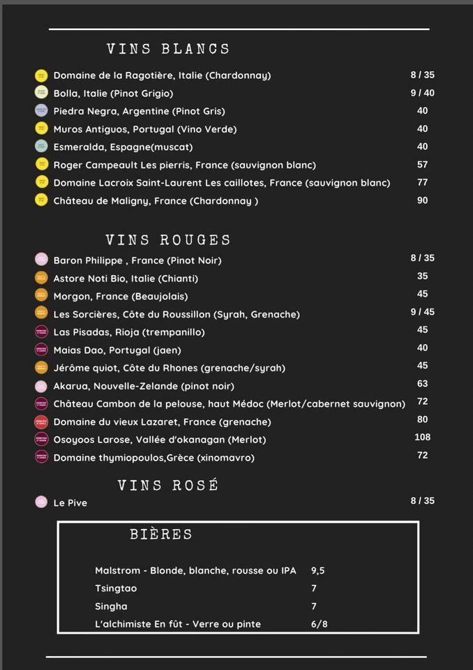 Menu au Le Bing restaurant, Joliette