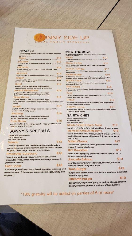 Menu at SUNNY SIDE UP cafe, Cochrane
