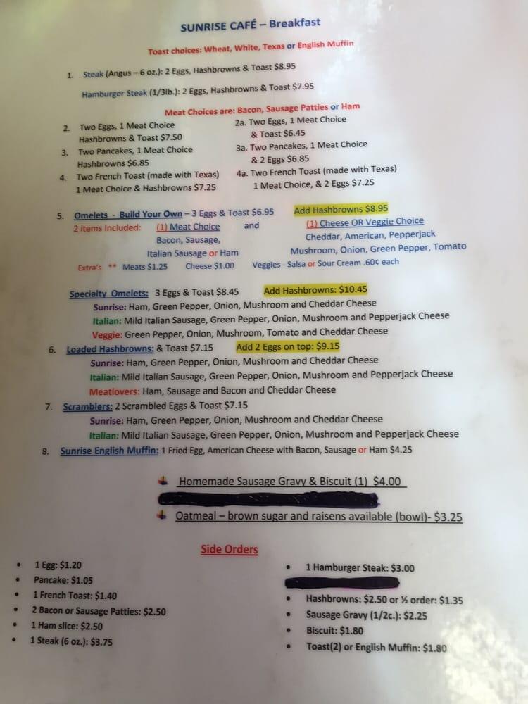 Menu at Sunrise Cafe, Lino Lakes