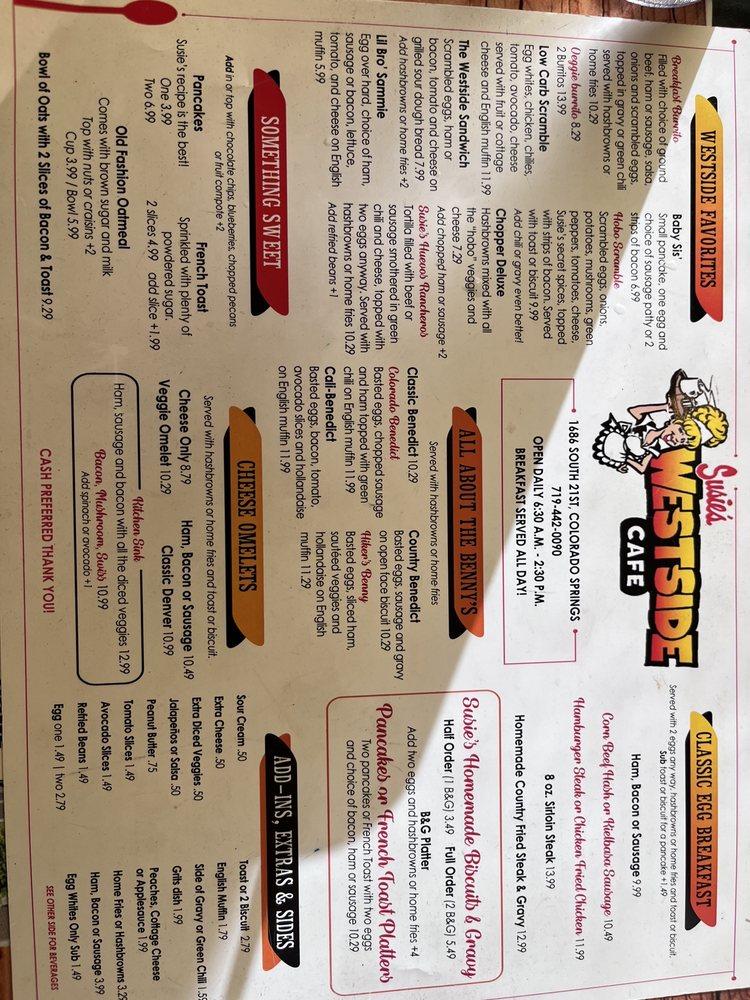 Menu at Susie's Westside Café cafe, Colorado Springs