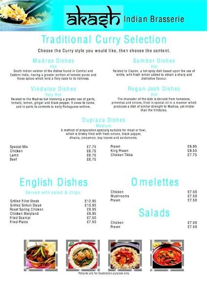 Menu at Akash Indian Brasserie restaurant, Darwen