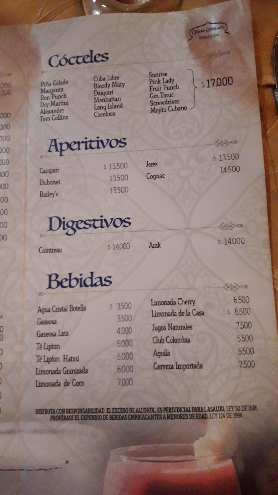 Menu at Arabe Gourmet restaurant, Barranquilla