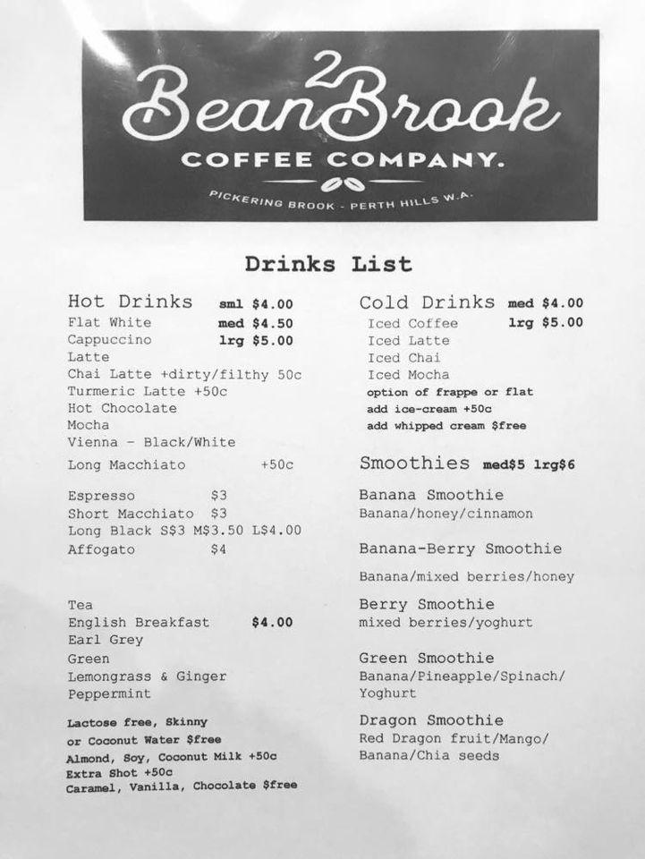 Menu at Bean 2 Brook cafe, Pickering Brook