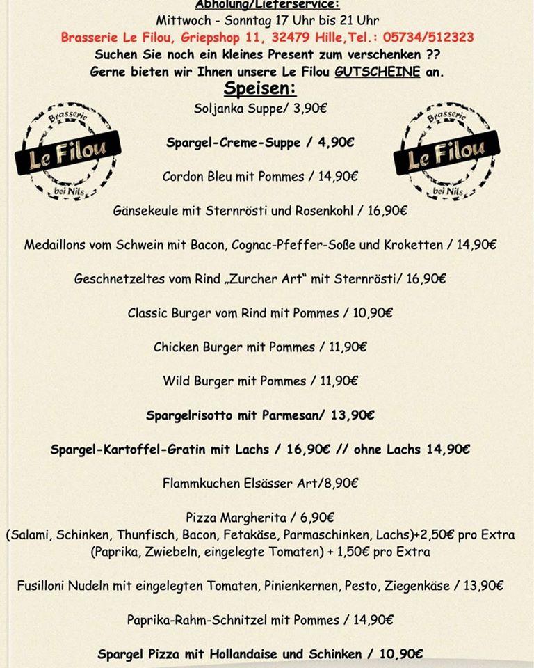 Speisekarte von Brasserie-Le-Filou Bei Nils restaurant, Hille
