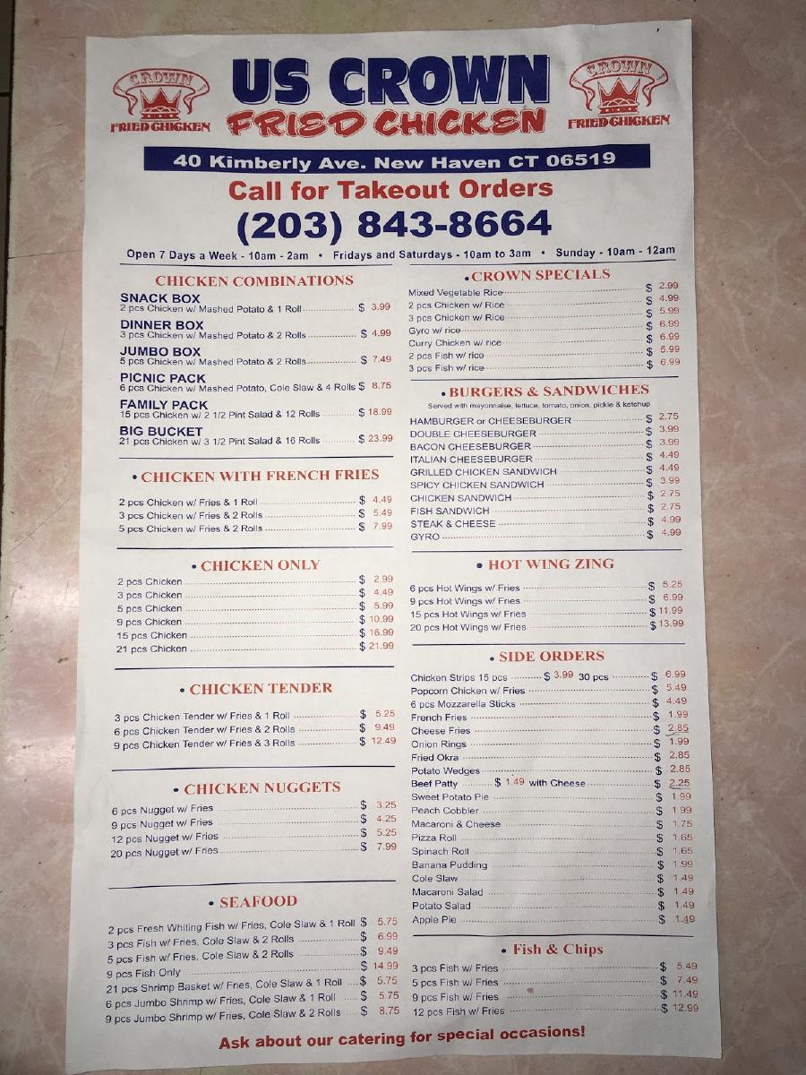Carta del restaurante Crown Fried Chicken, New Haven, 40 Kimberly Ave #2622