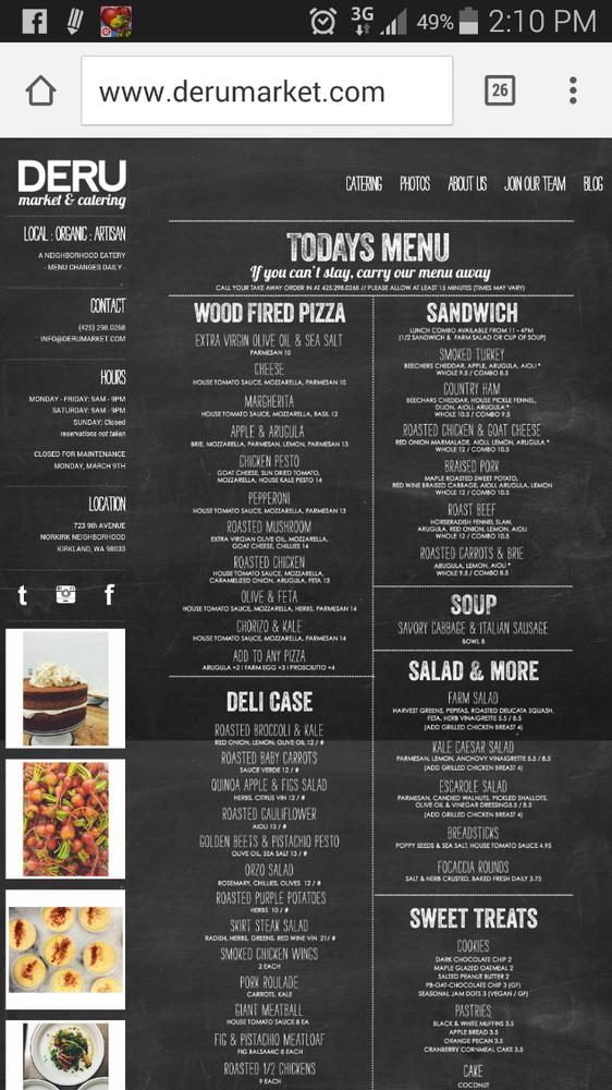 Menu at DERU pizzeria, Kirkland
