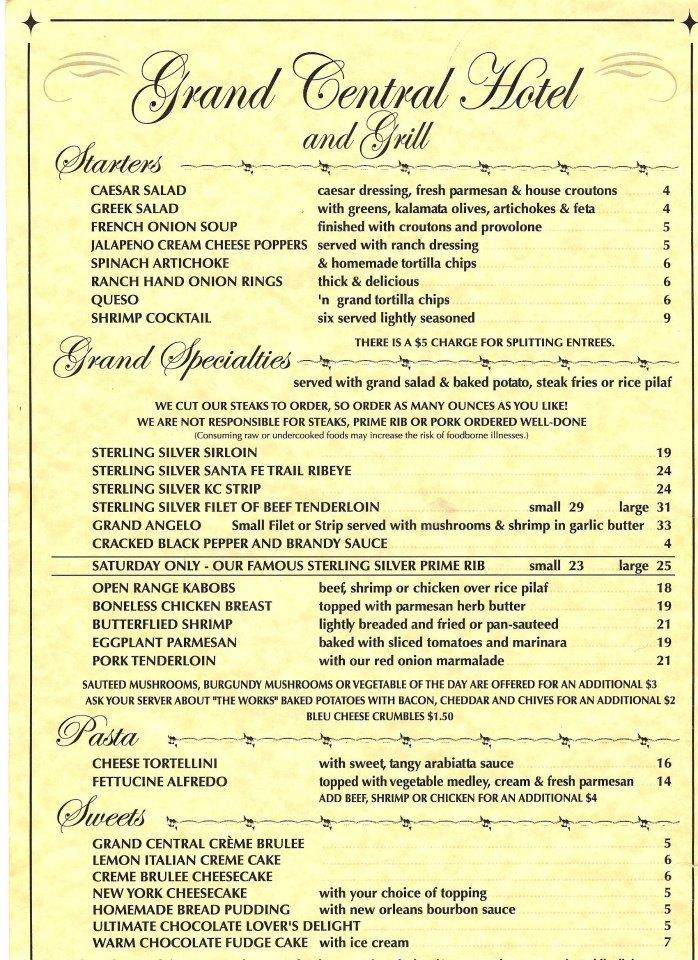 Menu at Grand Central Hotel & Grill restaurant, Cottonwood Falls