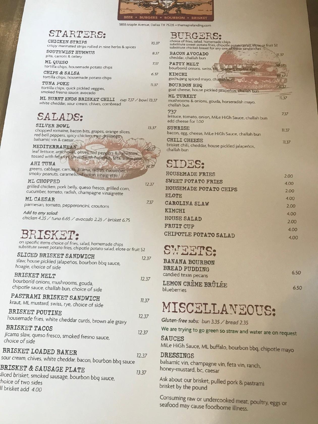 Menu at Maple Landing pub & bar, Dallas