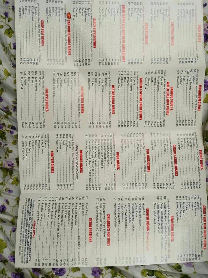 Menu at Monkey King Chinese restaurant, York