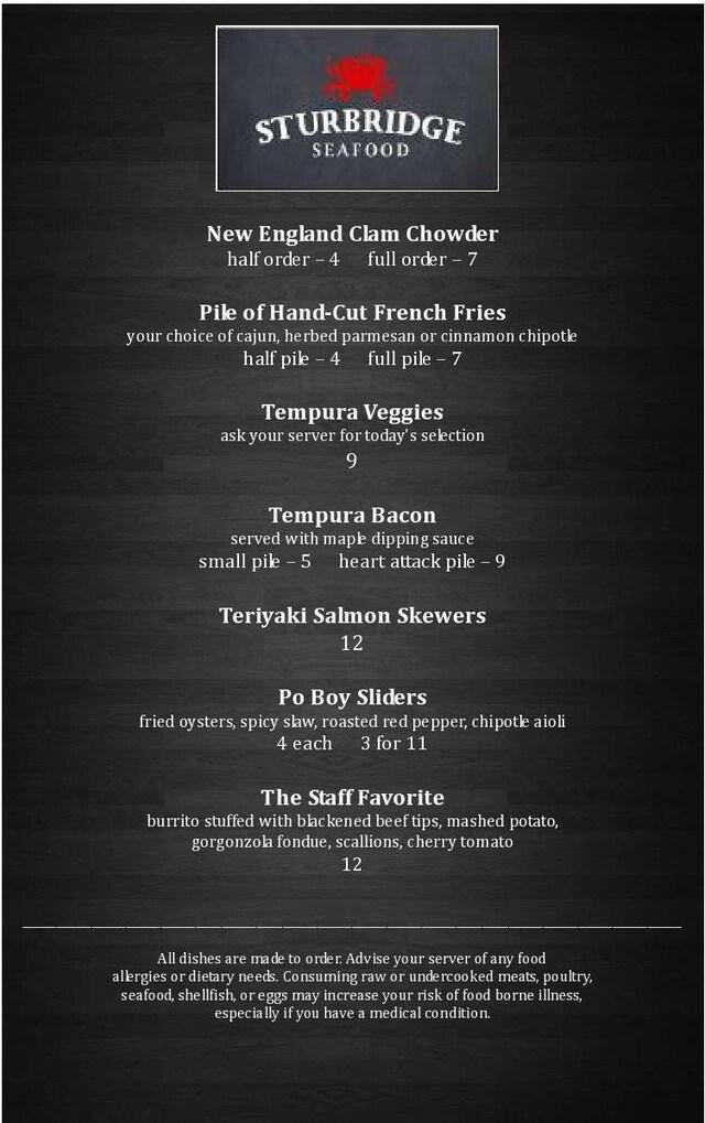 Menu at Sturbridge Seafood pub & bar, Sturbridge
