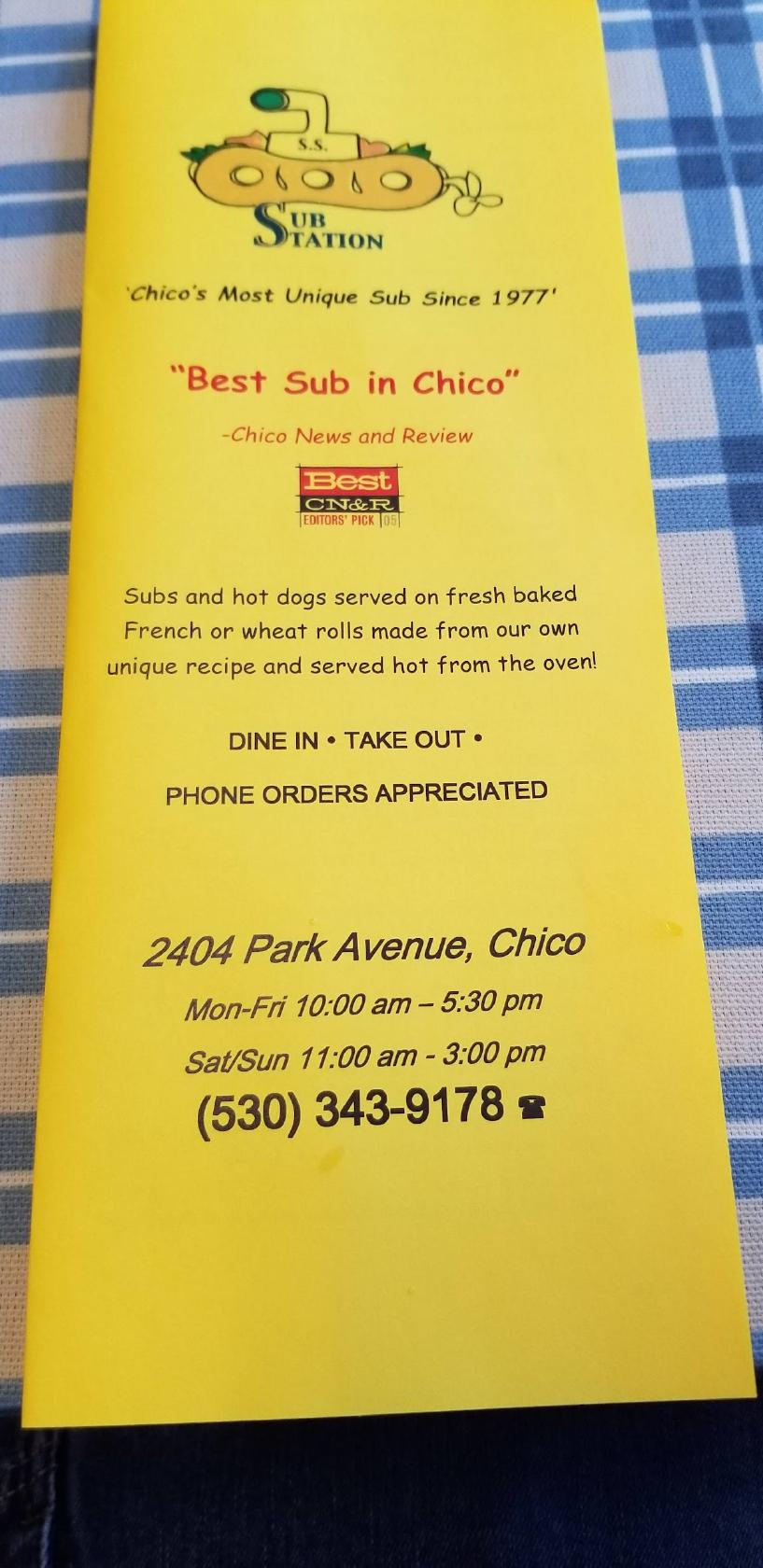 Menu at Sub Station restaurant, Chico, 672 Mangrove Ave