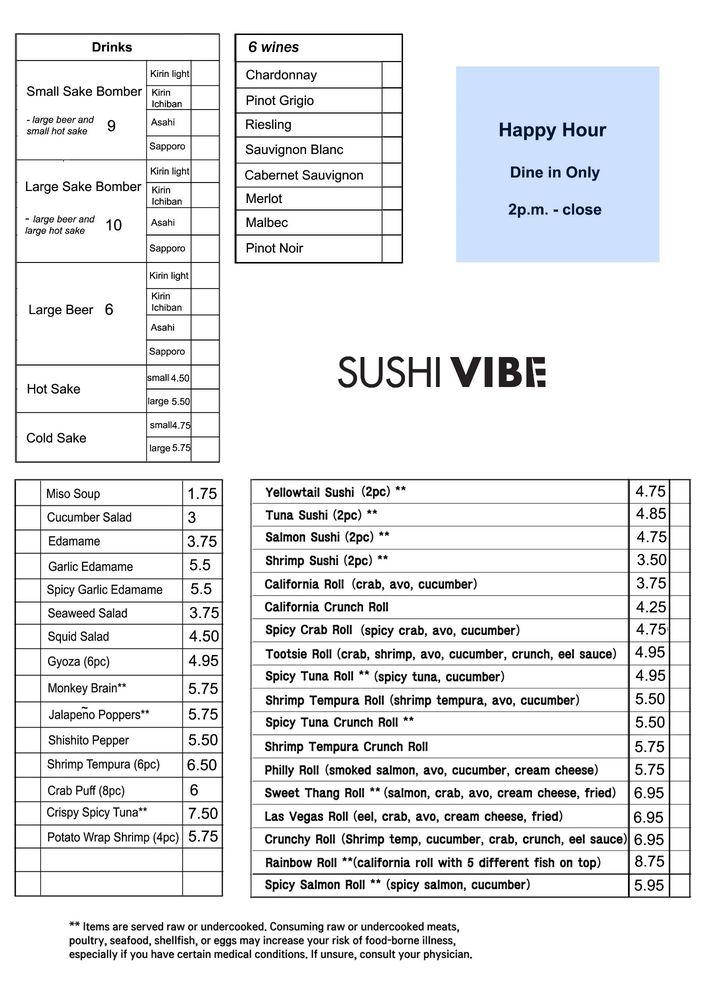 Menu at Sushi Vibe restaurant, Phoenix