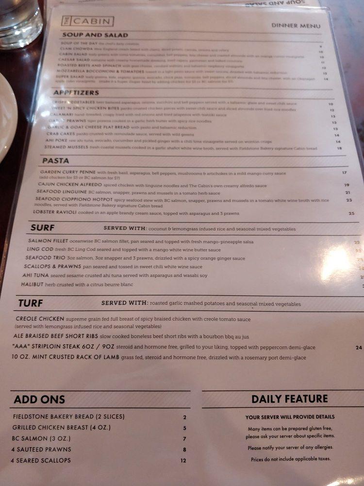 Menu at The Cabin Restaurant, Surrey