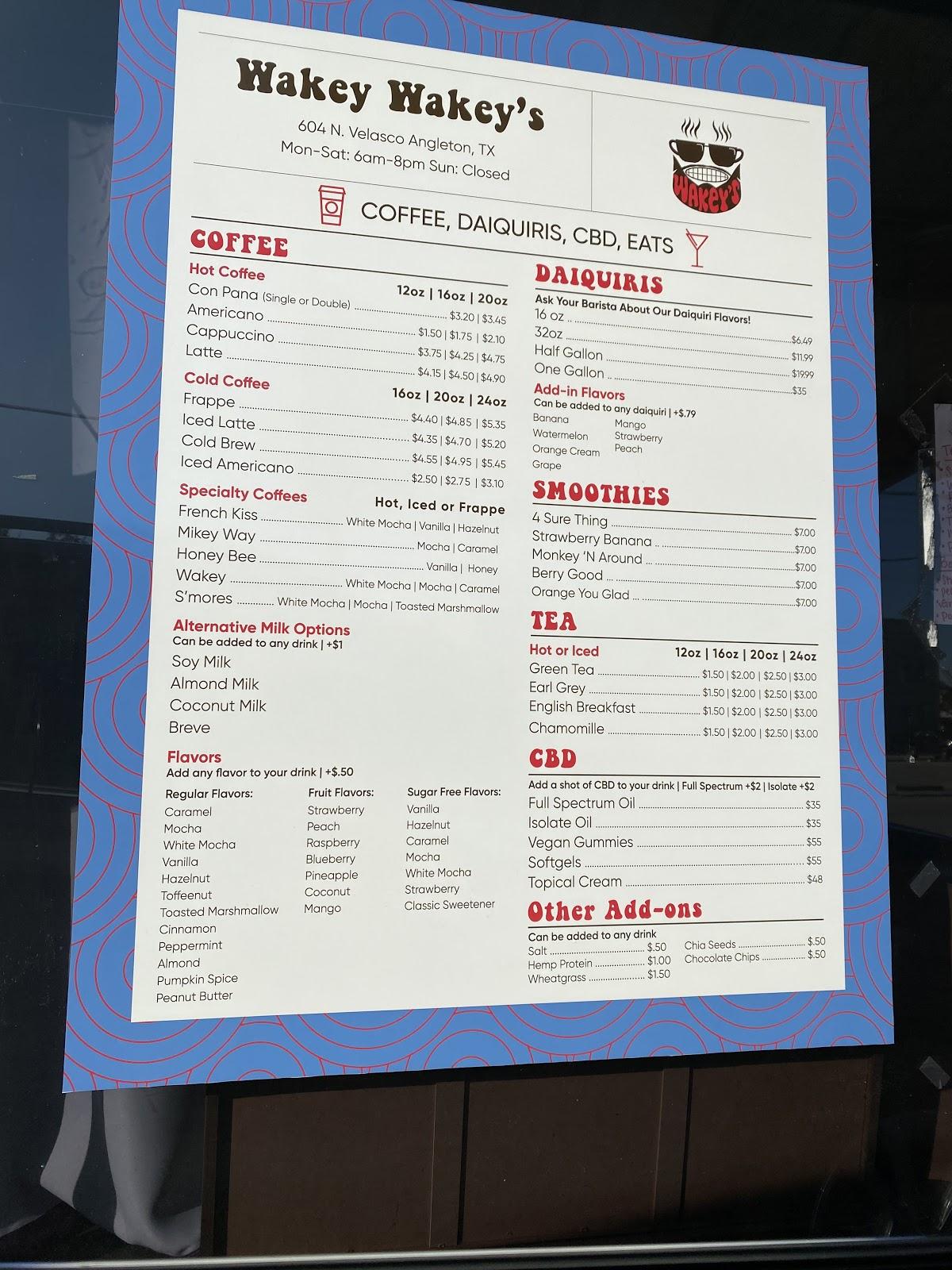 Menu at Wakey Wakey's restaurant, Angleton