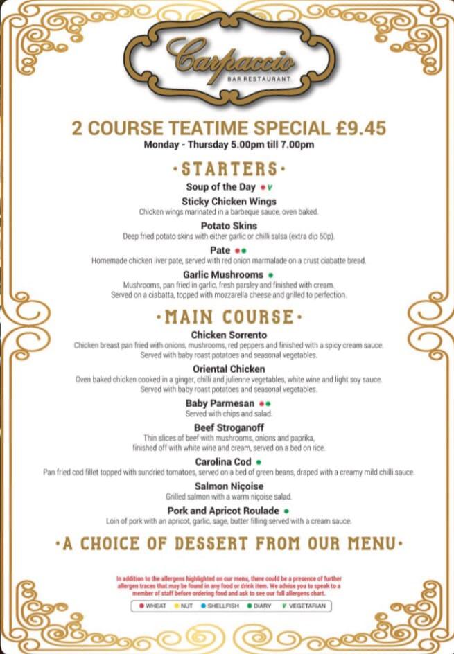 Menu at Carpaccio restaurant, Stockton-on-Tees