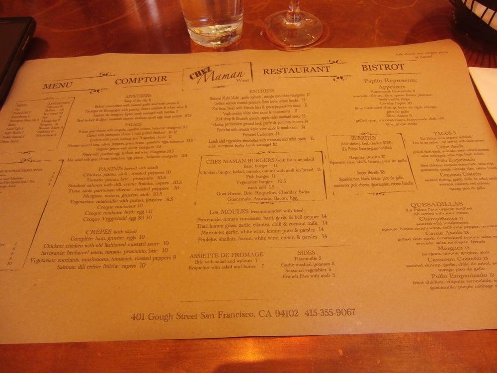 Menu at Chez Maman West restaurant, San Francisco, 401 Gough St