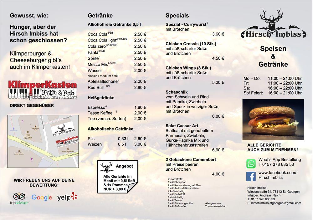 Speisekarte von Hirsch Imbiss fast Food, Sankt Georgen