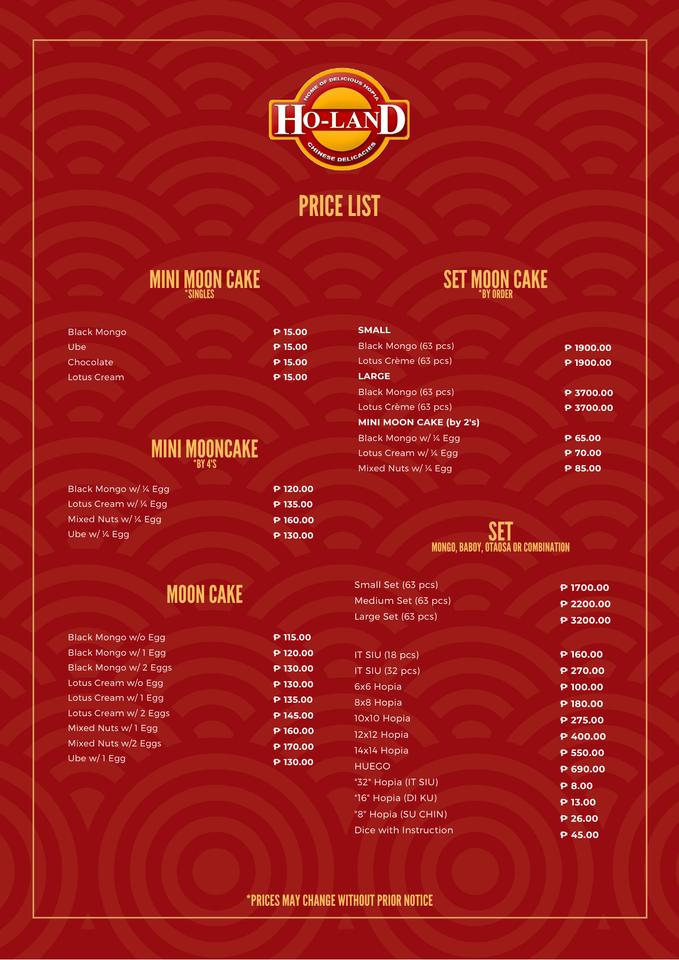 Menu at Ho-Land Hopia & Bakery, Manila
