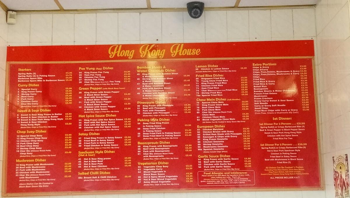Menu at Hong Kong House fast food, Belfast