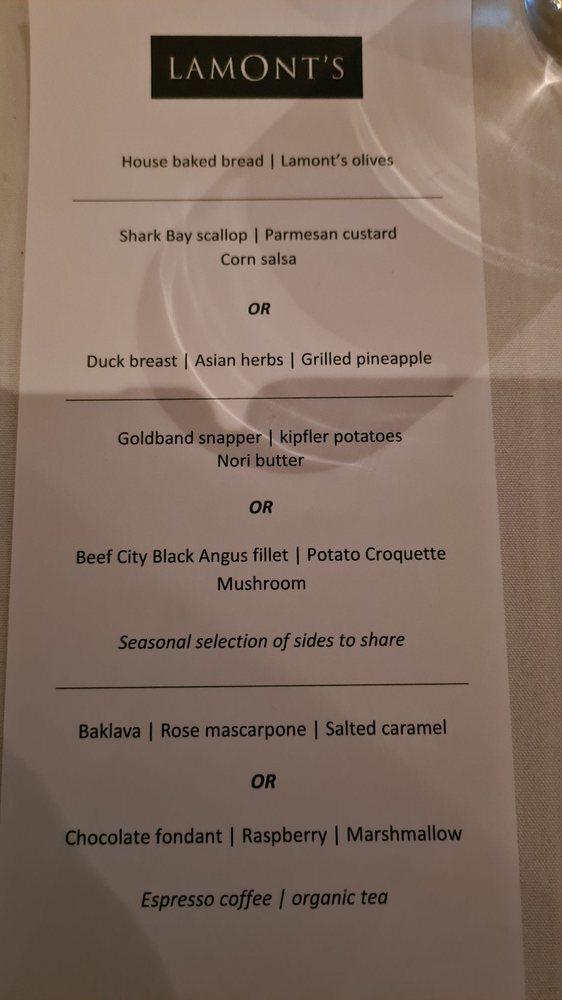 Menu at Lamont's Bishops House restaurant, Perth, 90 Mounts Bay Rd