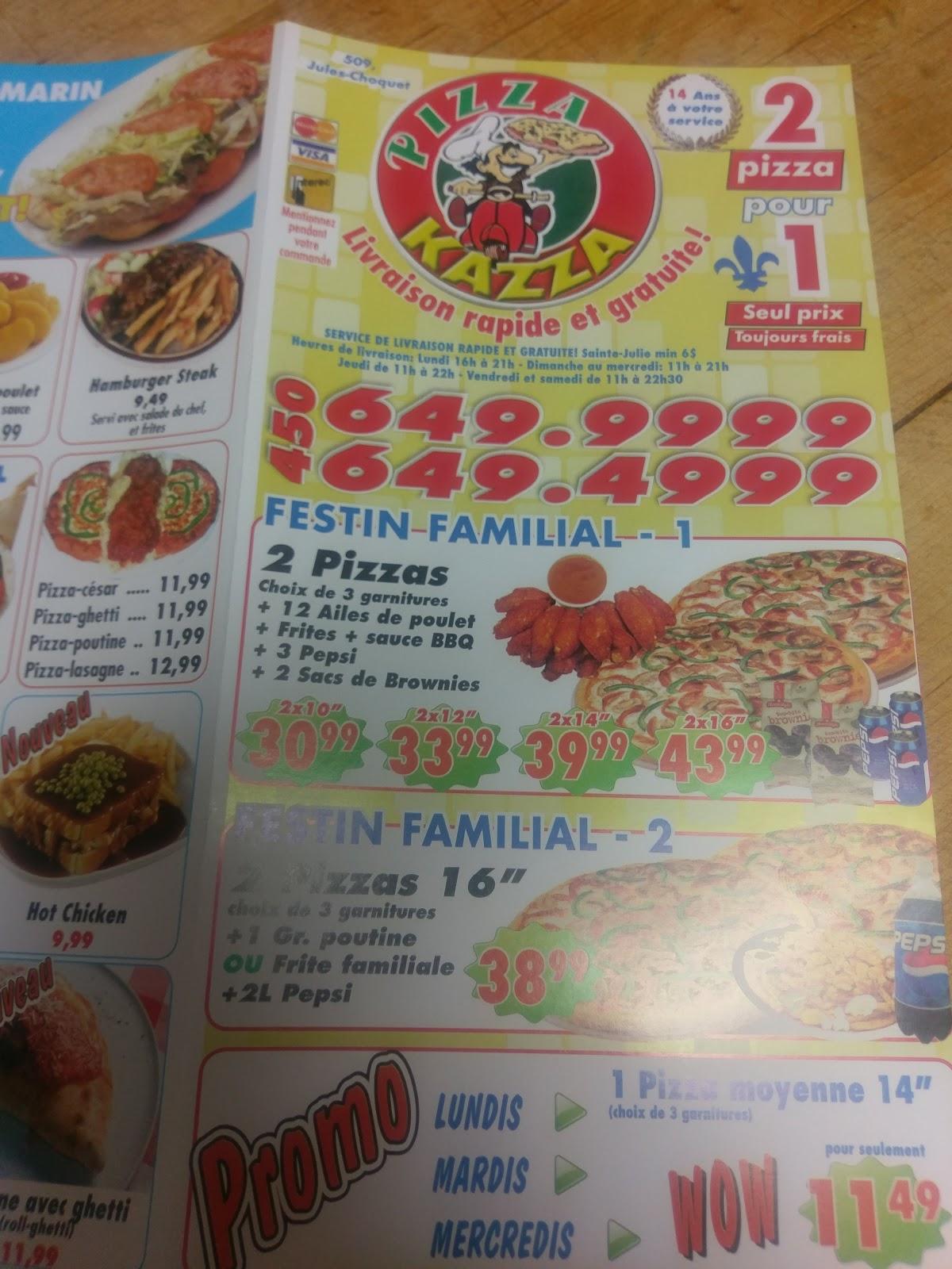 Menu at Pizza Kazza restaurant, Sainte-Julie
