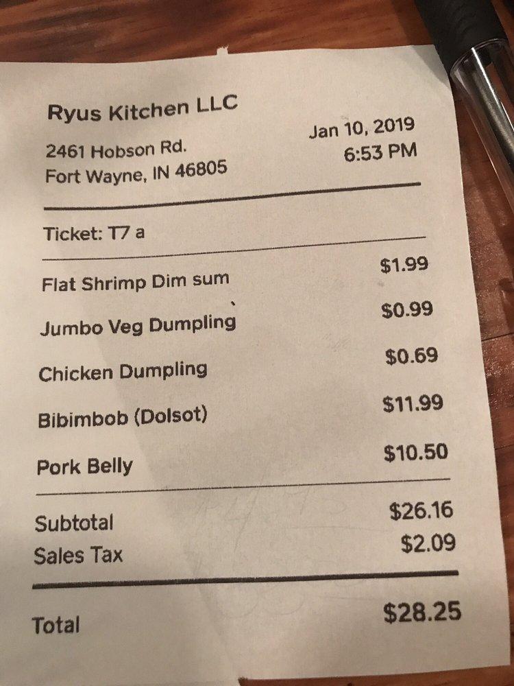 Menu at Ryu's Kitchen restaurant, Fort Wayne