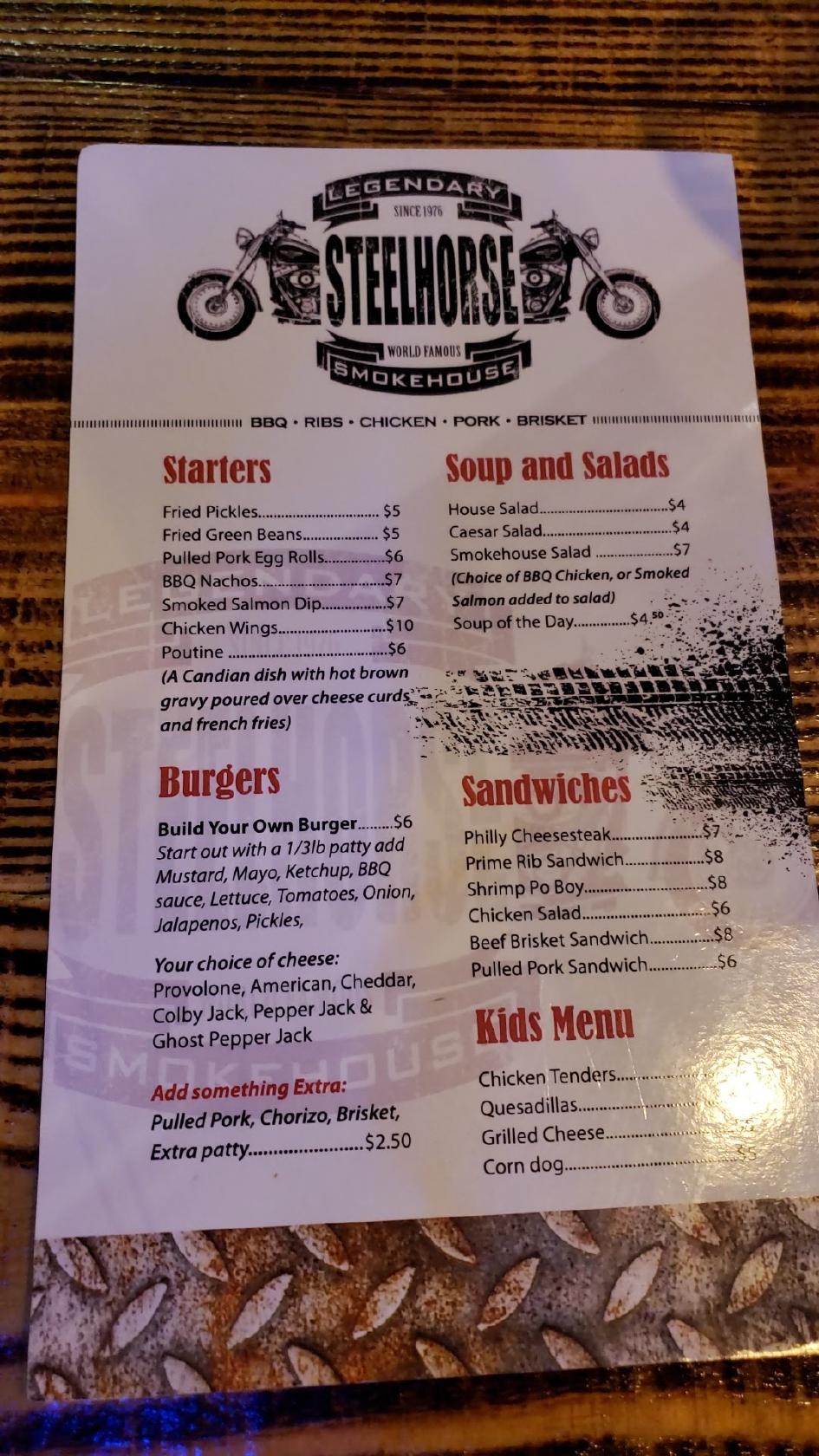 Menu at Steelhorse Smokehouse BBQ, Newberry