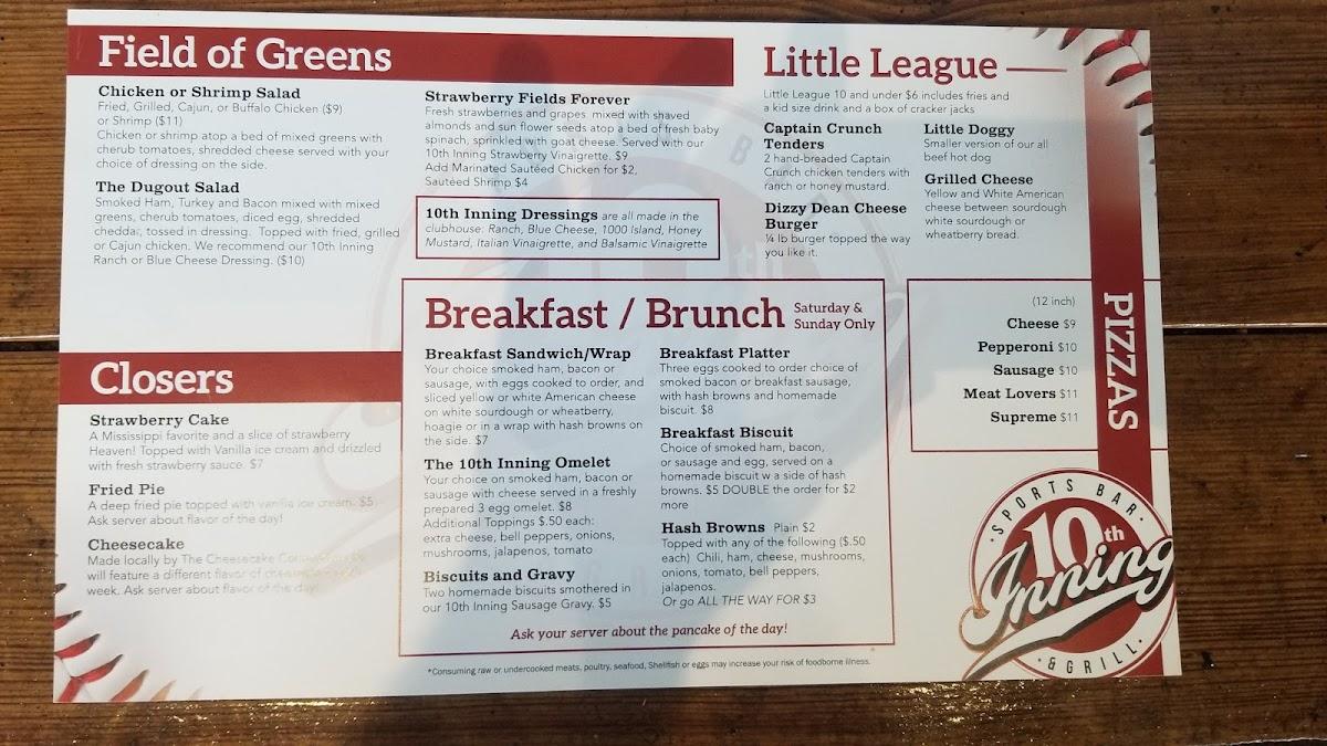 Menu at 10th Inning Bar & Grill At Snowden Grove, Southaven