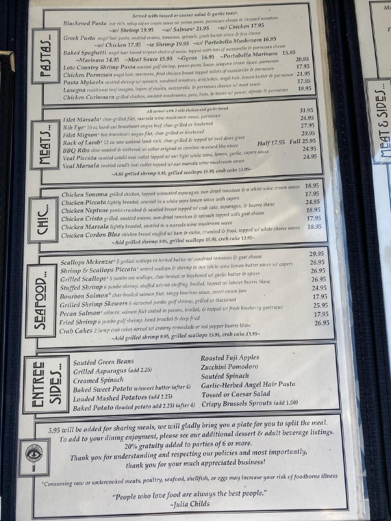 Menu at Adams Bistro steakhouse, Greenville
