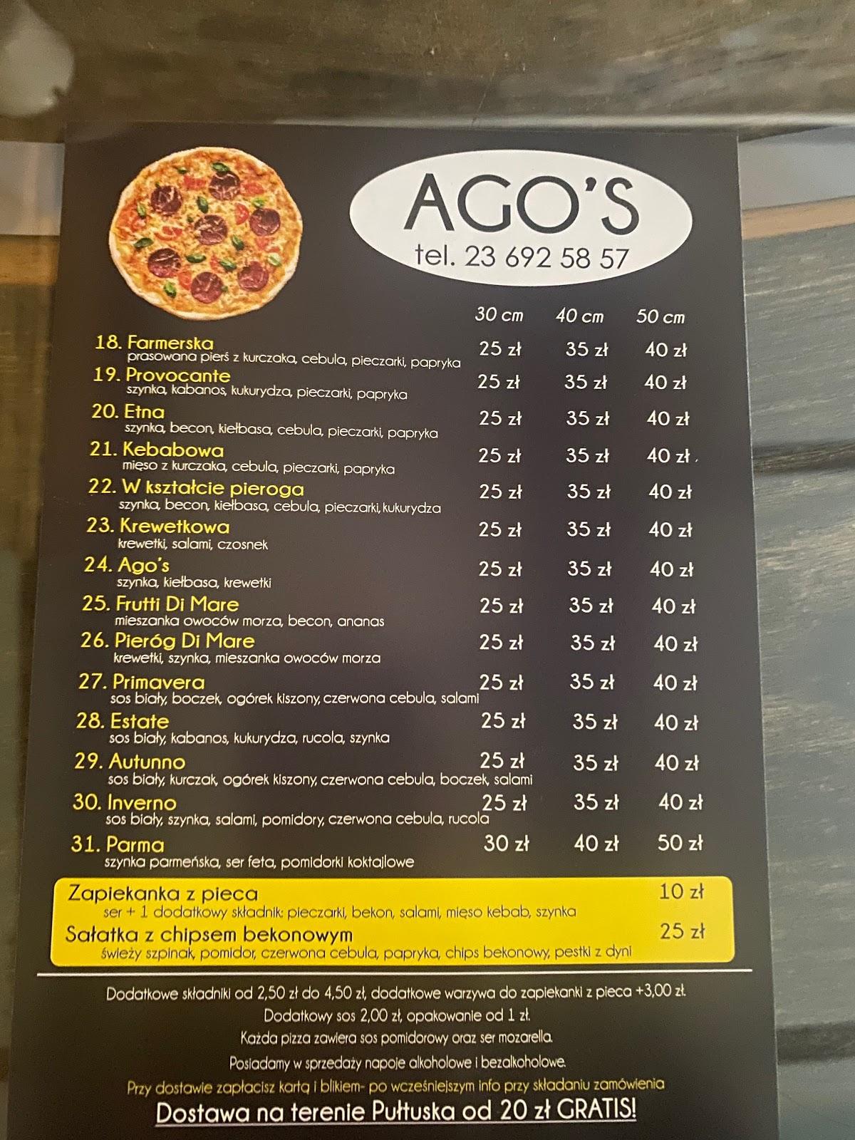 Menu at Ago’s pizzeria, Pultusk