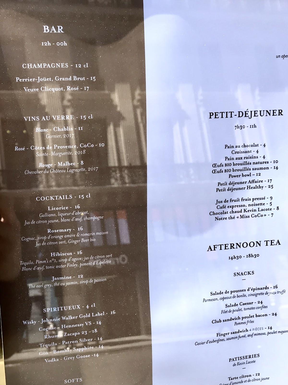 Menu at CoCo restaurant, Paris, Palais Garnier