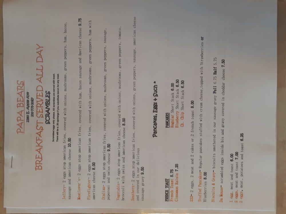 Menu at Papa Bears restaurant, Muskegon
