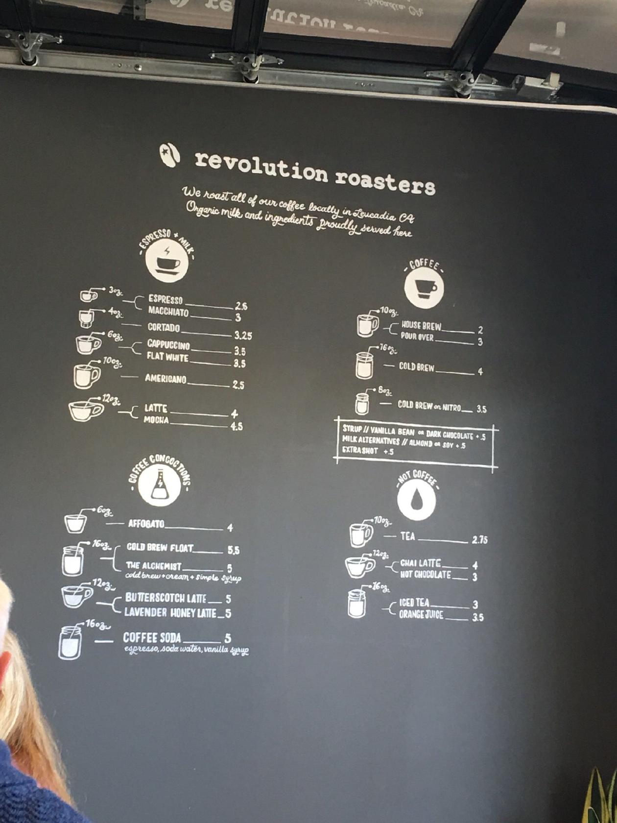 Menu at Revolution Roasters cafe, Oceanside