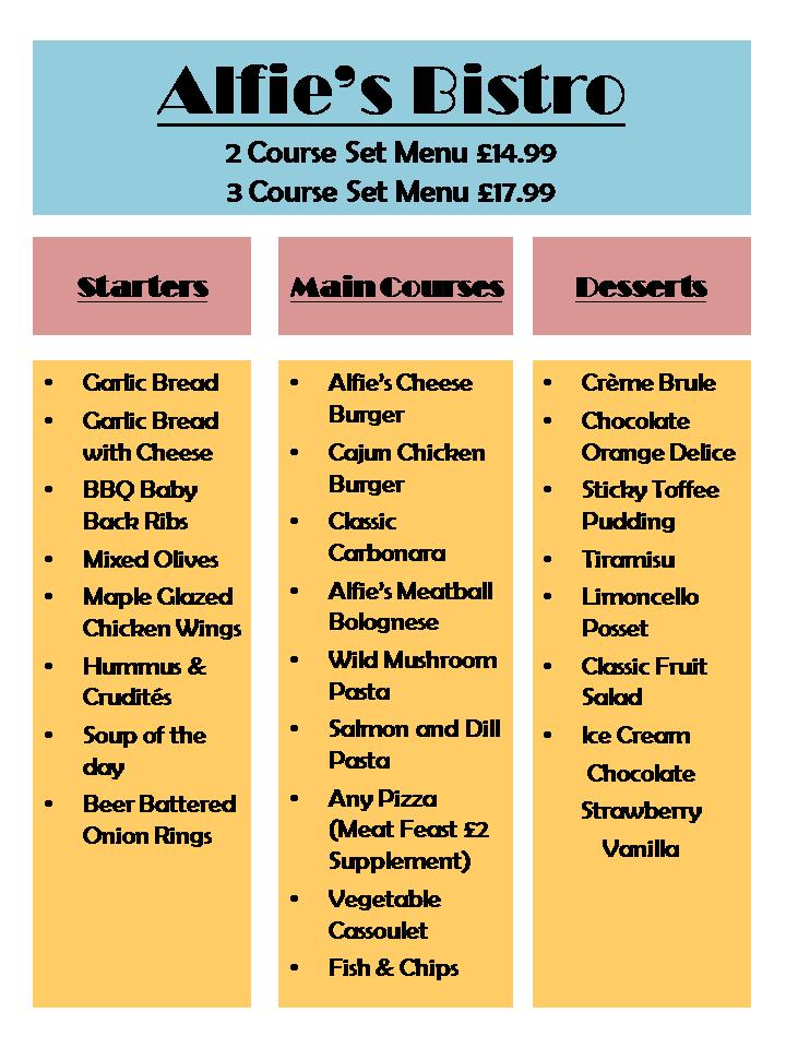 Menu at Alfies Bistro & Wine Bar, Ellesmere Port