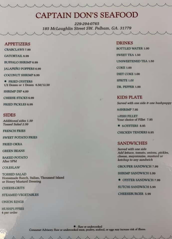 Menu at Capt. Don's Seafood restaurant, Pelham