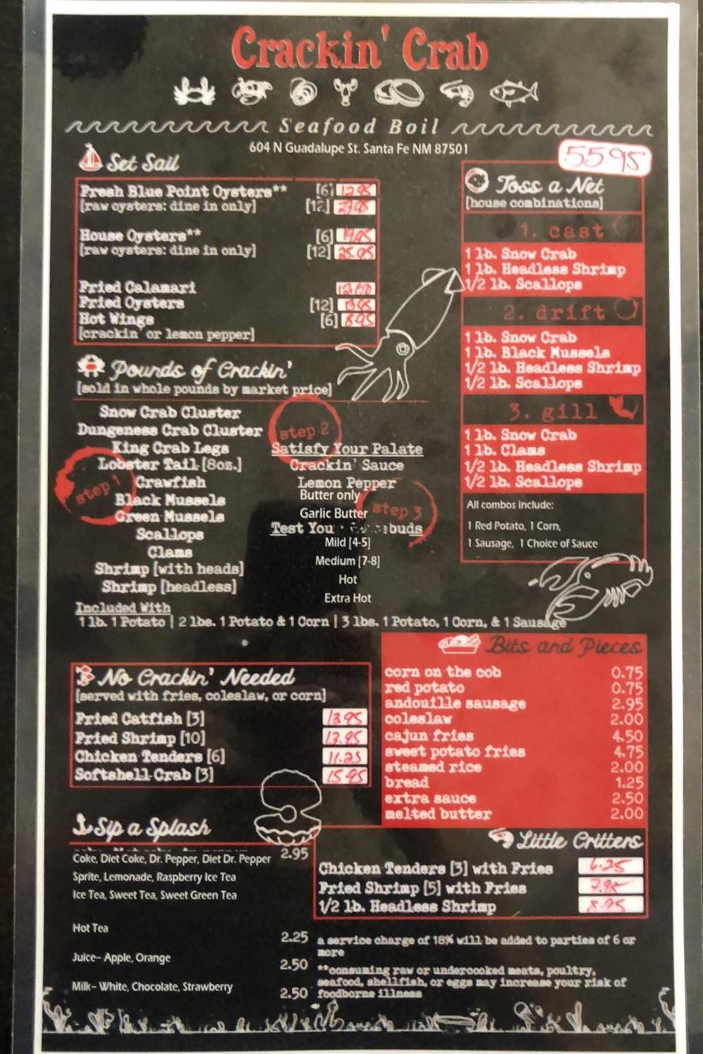 Menu at Crackin' Crab Santa Fe Seafood Boil restaurant, Santa Fe