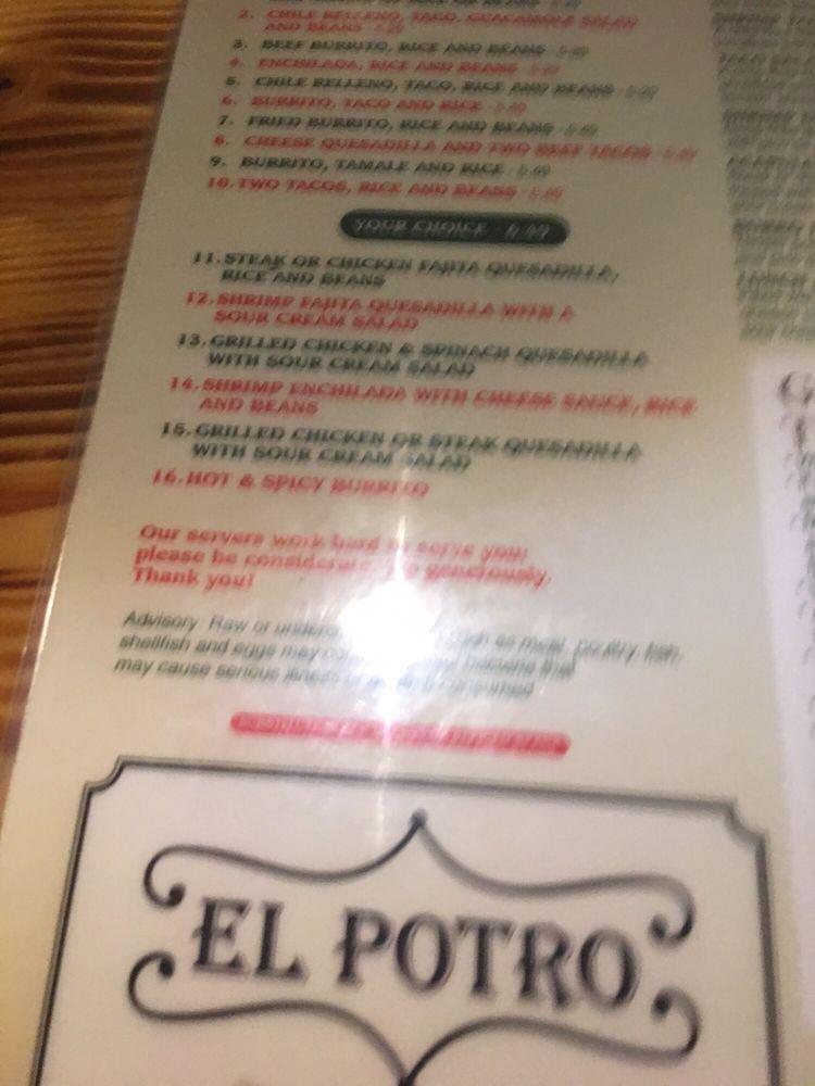 Menu at El Potro Mexican Restaurant Bar & Grill, Plainfield
