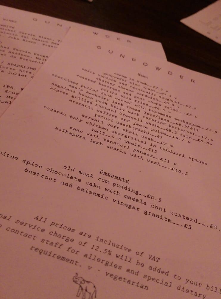 Menu at Gunpowder Spitalfields restaurant, London