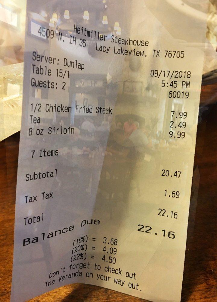 Menu at Heitmiller Steakhouse, Lacy Lakeview, Interstate Highway 35 North
