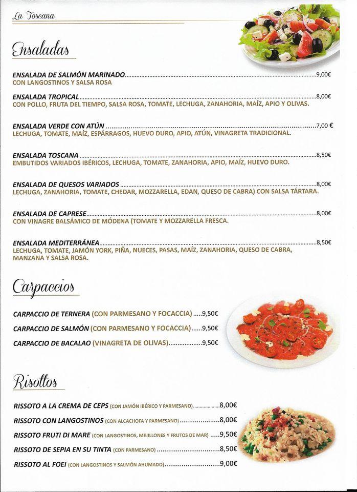 Menu at La Toscana restaurant, Reus, Carrer Escultor Rocamora