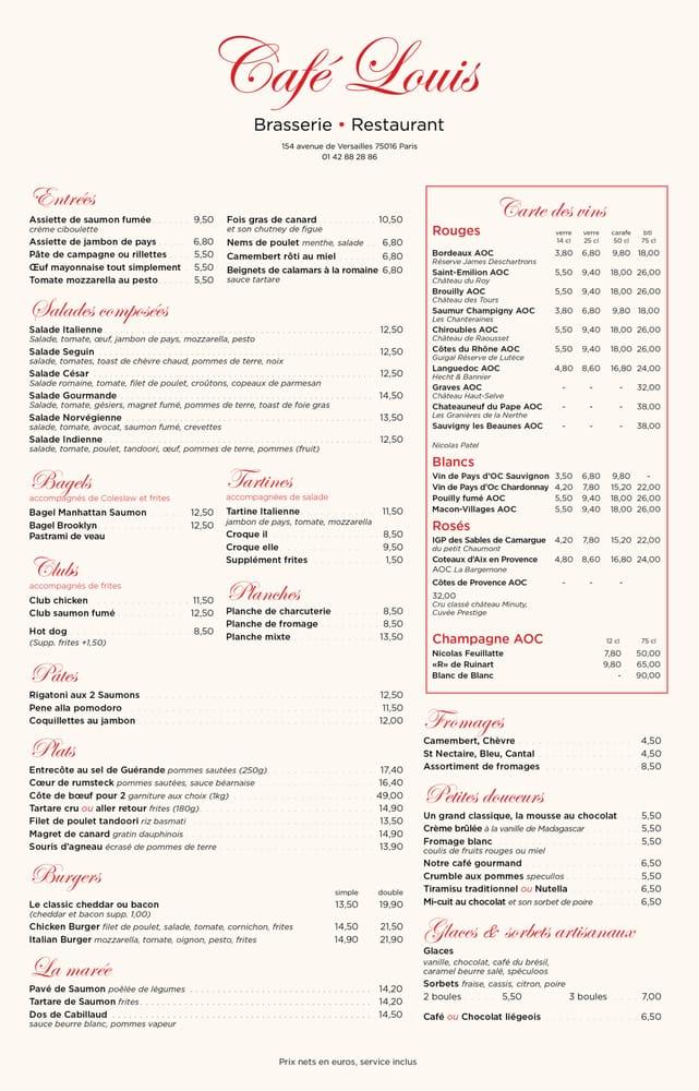 Carta de le café louis, Paris