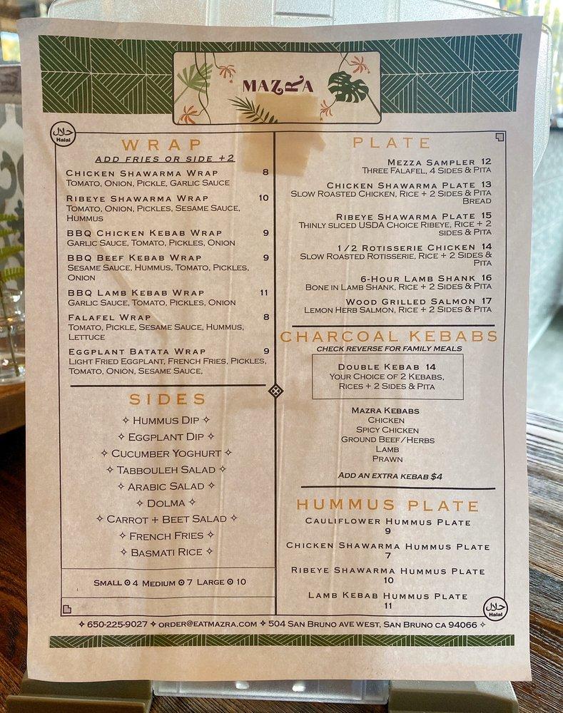Menu at Mazra BBQ, San Bruno