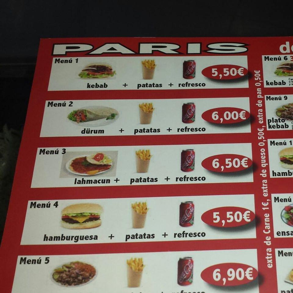 Carta del restaurante París Döner Kebab, Cáceres