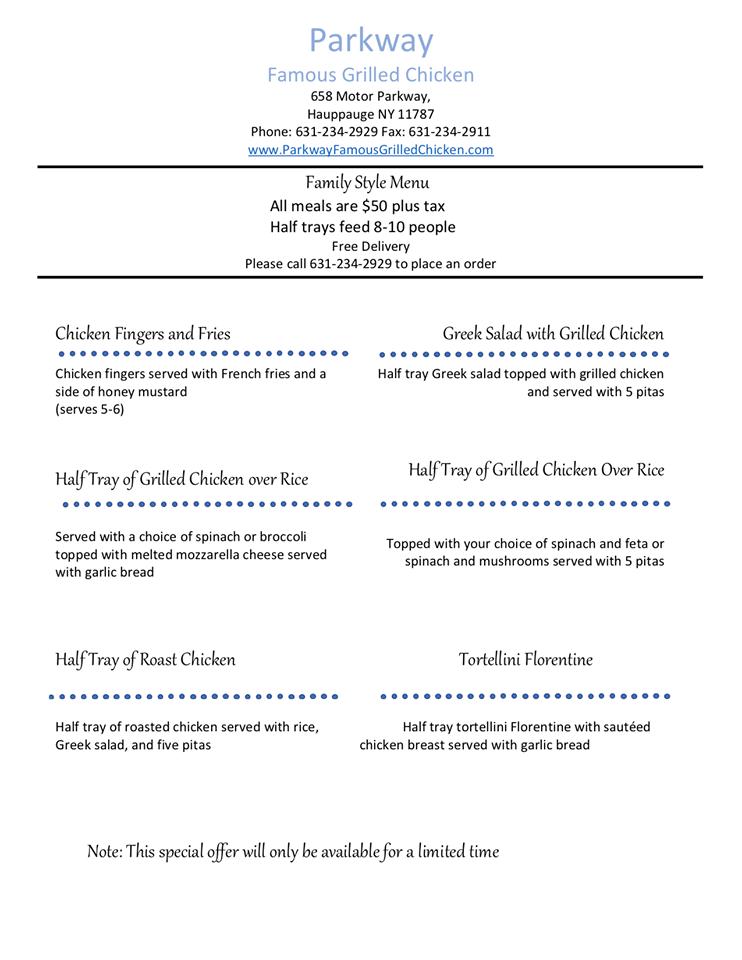 Menu at Parkway Rotisserie & Pizza pizzeria, Hauppauge