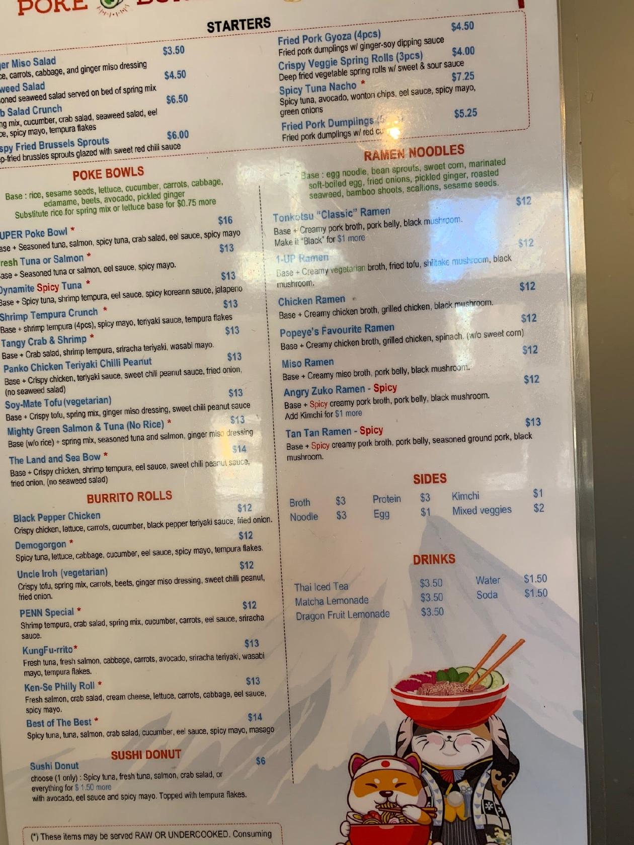 Menu at Poke Burri / Lifting Noodles Ramen restaurant, Philadelphia