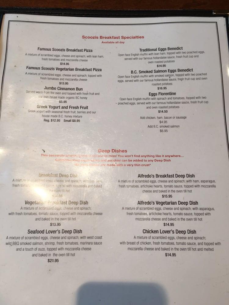 Menu au Scoozis pub et bar, Vancouver